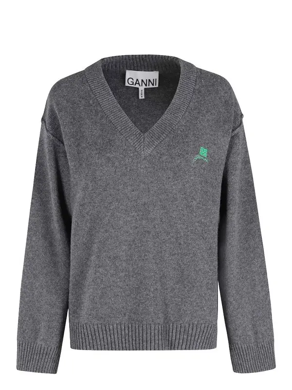 GANNI V-neck Pullover With Applique Detail - Grey