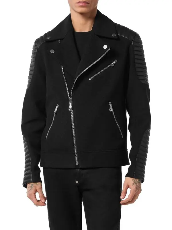 Philipp Plein Leather And Wool Biker Jacket With Lapels And Asymmetrical Zip - Black
