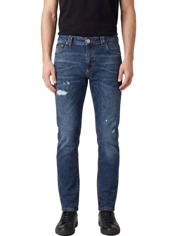 Philipp Plein Mid-rise Slim Fit Jeans In Distressed Cotton Denim - Blue 1