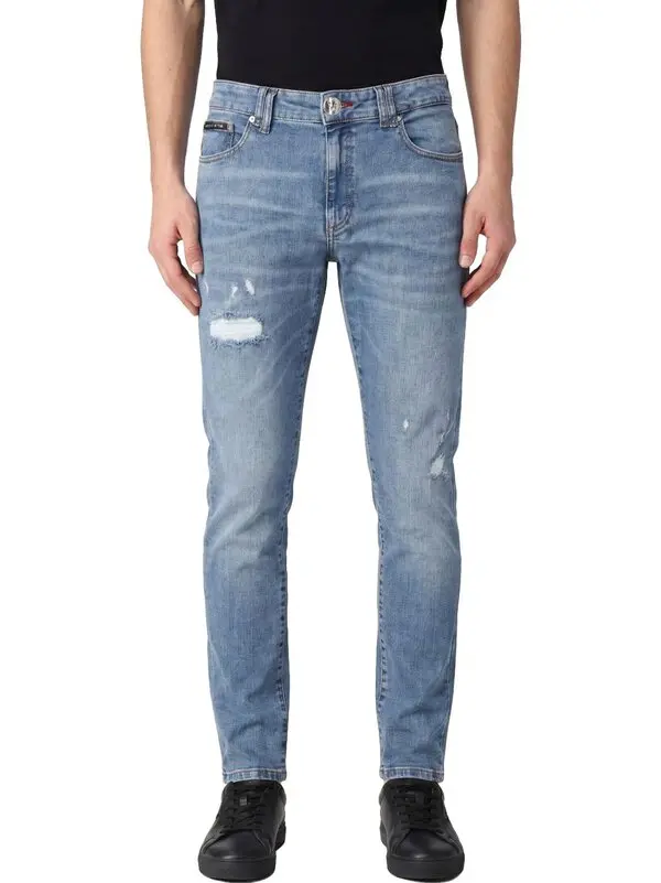Philipp Plein Distressed Cotton Denim Slim Fit Jeans - Blue