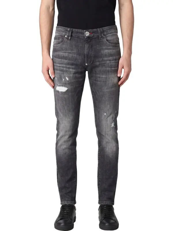 Philipp Plein Distressed Cotton Denim Slim Fit Jeans - Grey