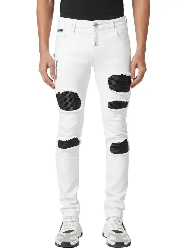Philipp Plein Skinny Fit Cotton Denim Jeans With Distressed Effect - White