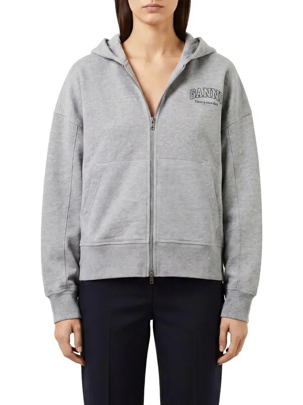 GANNI Relaxed Fit Cotton Zip-up Hooded Sweatshirt With Contrast Logo - Grey