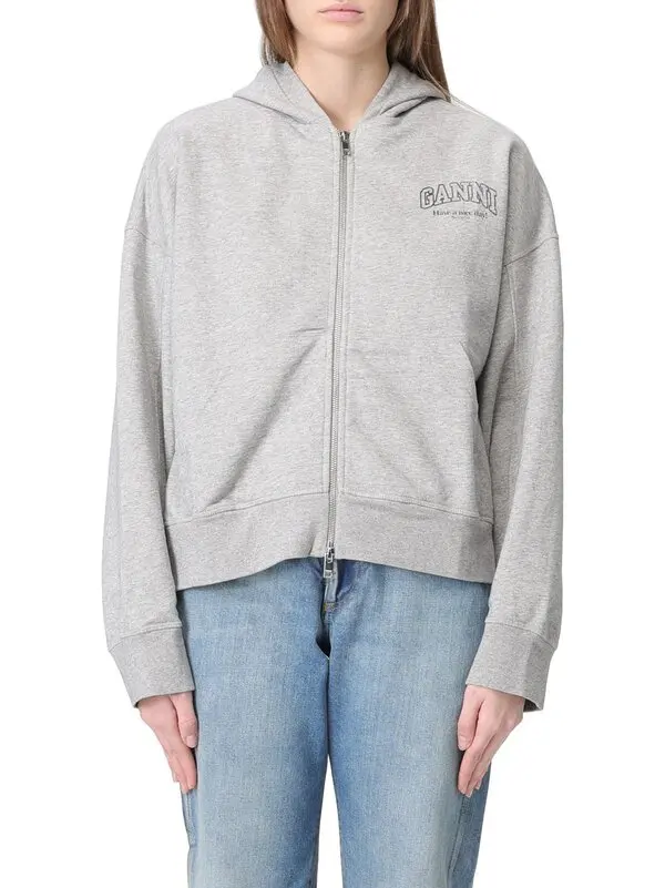 GANNI Relaxed Fit Cotton Zip-up Hooded Sweatshirt With Contrast Logo - Yellow Cream