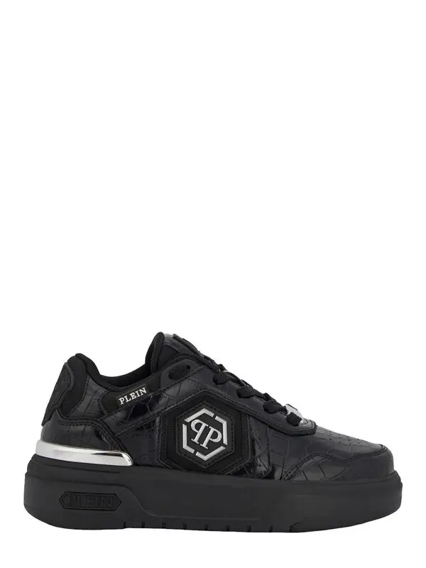 Philipp Plein Leather And Mesh Low-top Sneakers With Croc Print And Hexagon Logo - Black