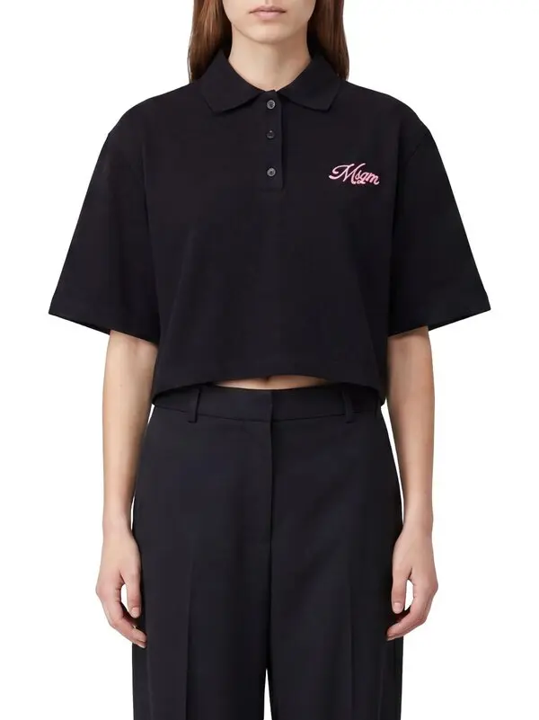 MSGM Cropped Cotton Polo Shirt With Embroidered Logo - Black