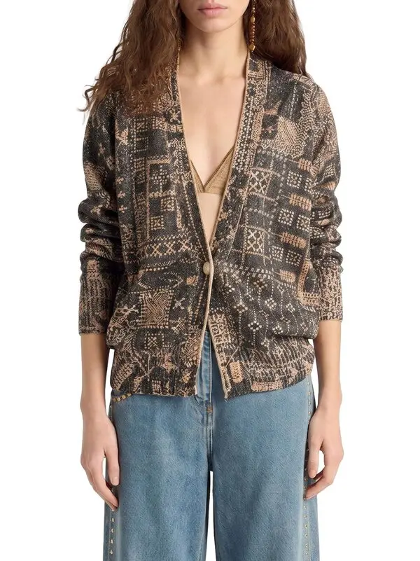 Momoni Abstract Jacquard Pattern V-neck Cardigan - Black