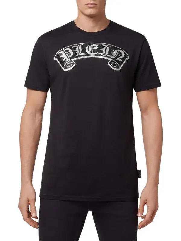 Philipp Plein Cotton T-shirt With Embroidered Logo And Rhinestone Application - Black