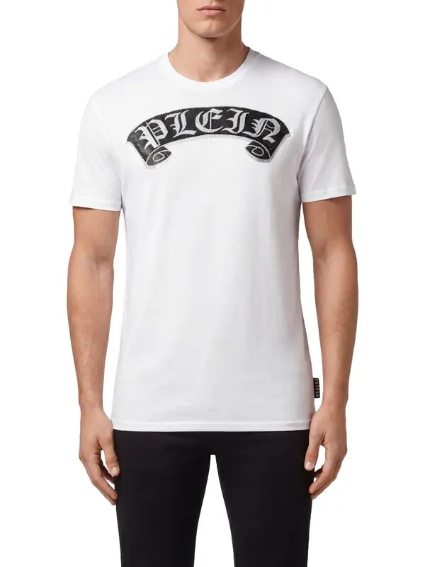 Philipp Plein Cotton T-shirt With Embroidered Logo And Rhinestone Application - White