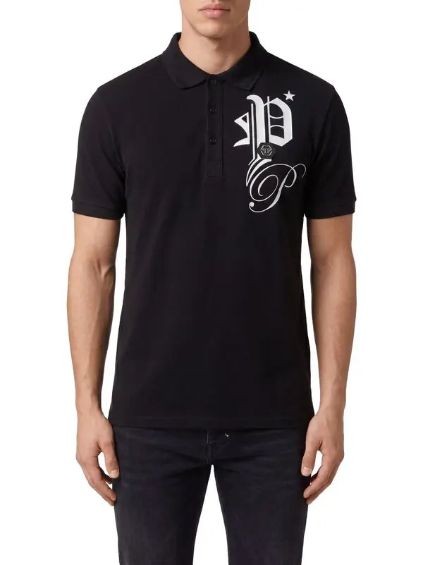 Philipp Plein Cotton Polo Shirt With Monogram Logo And Three-button Placket - Black