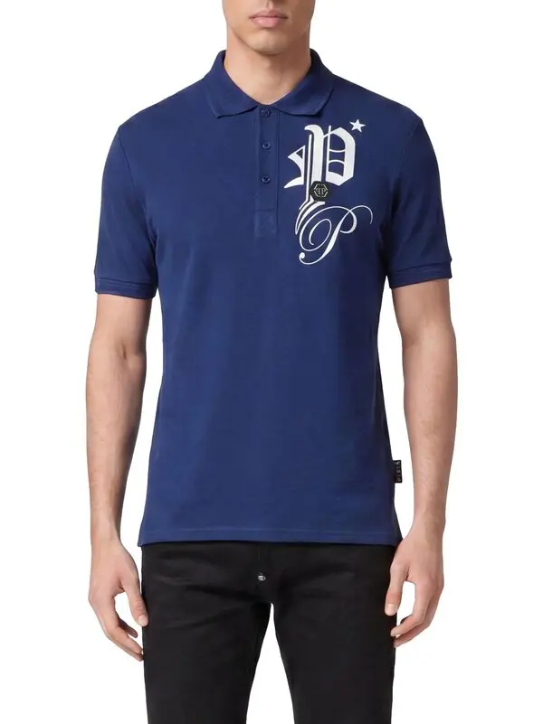 Philipp Plein Cotton Polo Shirt With Monogram Logo And Three-button Placket - Blue