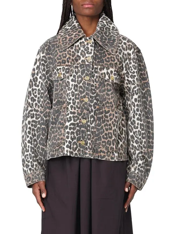 GANNI Leopard Print Denim Jacket - Milk