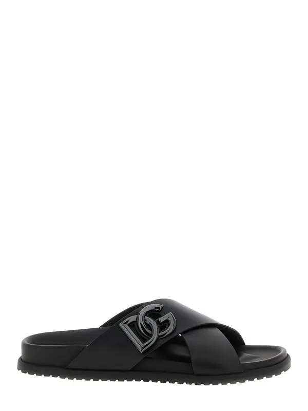 Dolce & Gabbana Cross Strap Sandals With Dg Logo Detail - Black