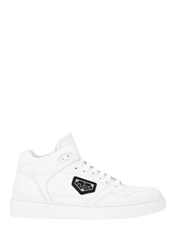 Philipp Plein High-top Lace-up Sneakers In Smooth Leather With Perforated Toe - White