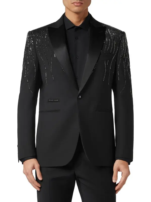 Philipp Plein Single-breasted Crêpe Blazer With Peak Lapels And Rhinestone Embroidery - Black