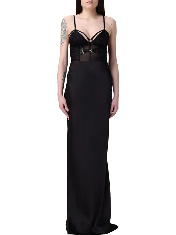 Elisabetta Franchi Corset Satin Maxi Dress - Black