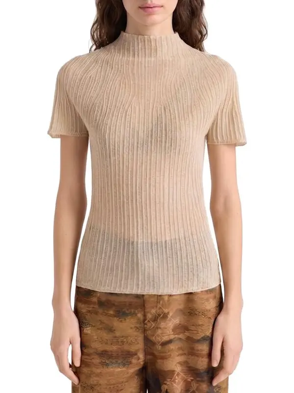 Momoni Ribbed Lurex Viscose Blend Highneck Sweater - Gold