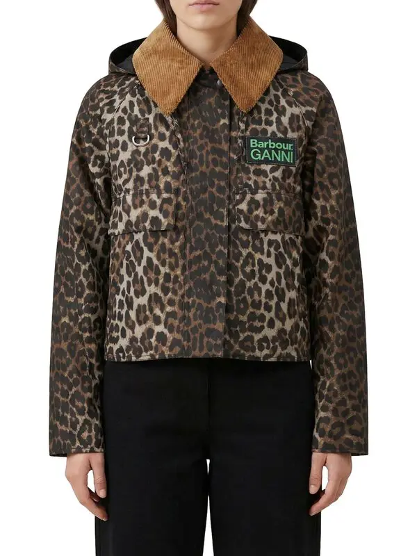 BARBOUR X GANNI Spey Leopard Print Waxed Jacket - Black
