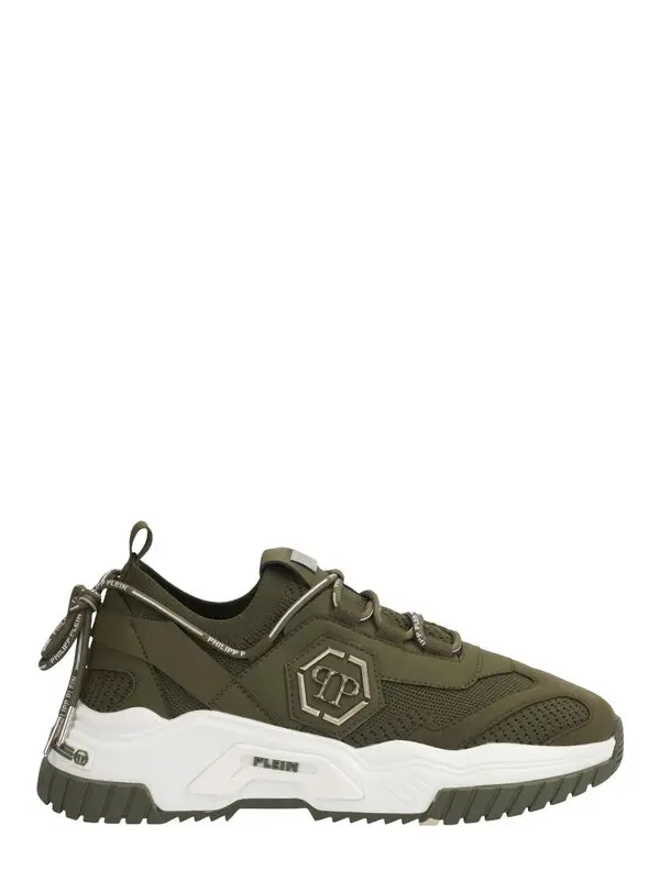 Philipp Plein Crochet Knit And Leather Low-top Sneakers With Metallic Logo - Green