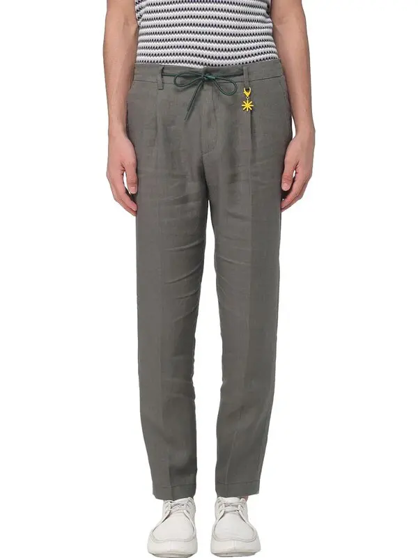 MANUEL RITZ Linen Slim Fit Trousers With Drawstring - Green