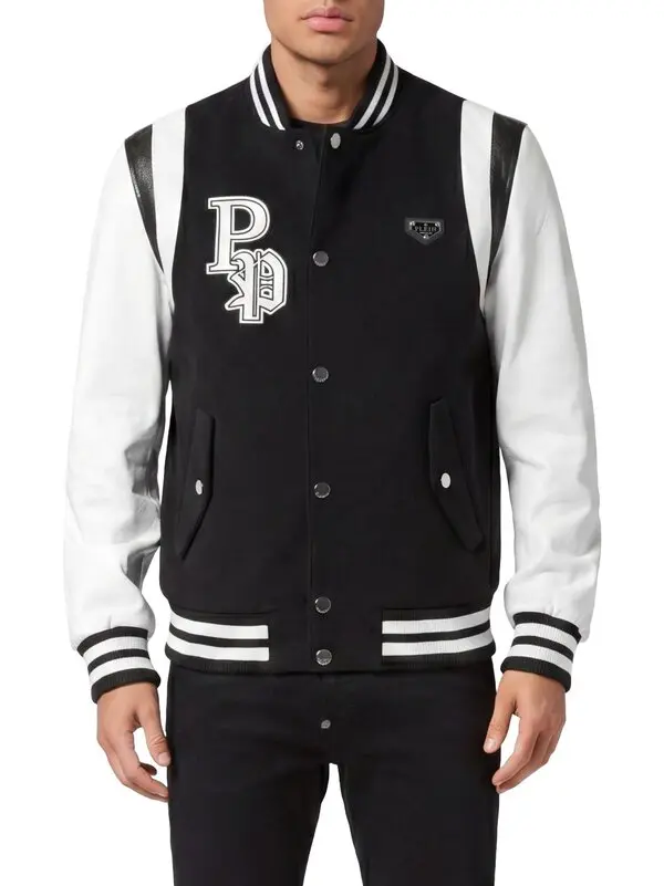 Philipp Plein Wool-felt Varsity Bomber Jacket With Leather Sleeves - Black