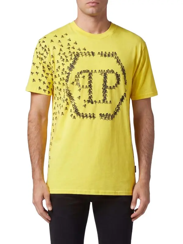 Philipp Plein Cotton T-shirt With Contrasting Hexagon Logo Print On The Chest - Yellow