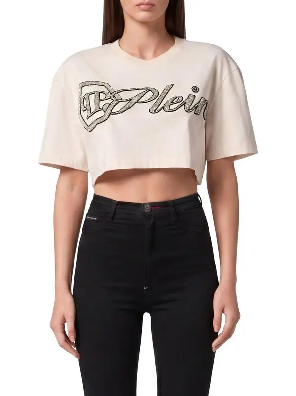 Philipp Plein Embellished Logo Cropped T-shirt - White