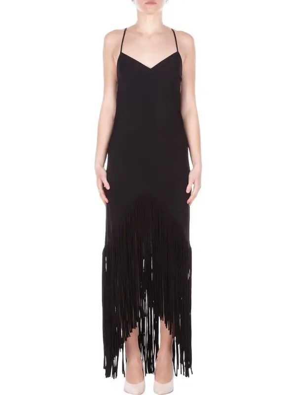 Pinko Jersey Slip Dress With Fringes - Black