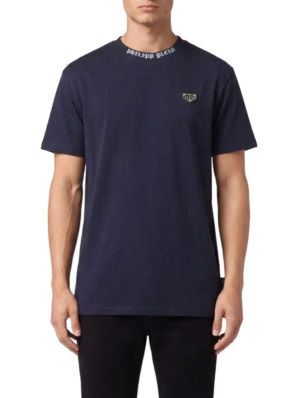 Philipp Plein Cotton T-shirt With Metal Logo Plaque Applied To The Chest - Blue
