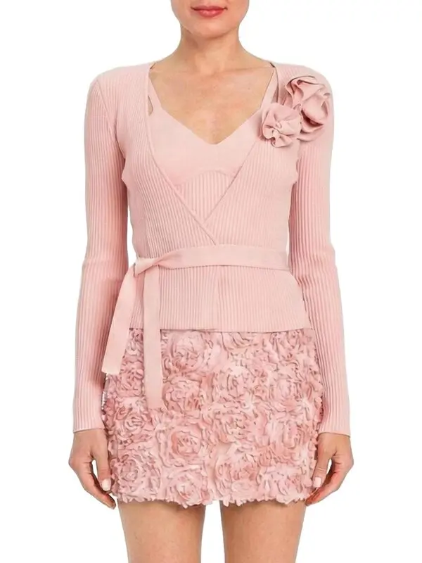 TWINSET Cotton Blend V-neck Long Sleeve Belted Top And Skirt Set - Pink