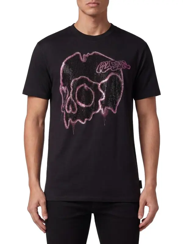 Philipp Plein Rhinestone Skull Logo Cotton Crew Neck T-shirt - Black