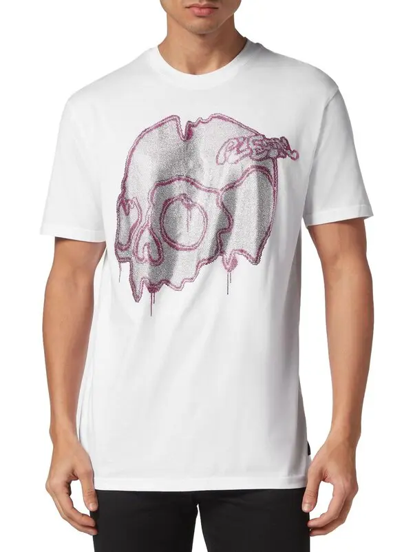 Philipp Plein Rhinestone Skull Logo Cotton Crew Neck T-shirt - White