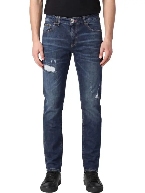 Philipp Plein Distressed Slim Fit Skinny Jeans In Cotton Denim With Metal Logo - Blue 1