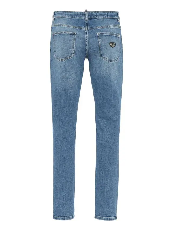 Philipp Plein Distressed Slim Fit Skinny Jeans In Cotton Denim With Metal Logo - Blue