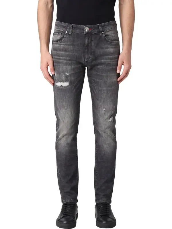 Philipp Plein Distressed Slim Fit Skinny Jeans In Cotton Denim With Metal Logo - Grey
