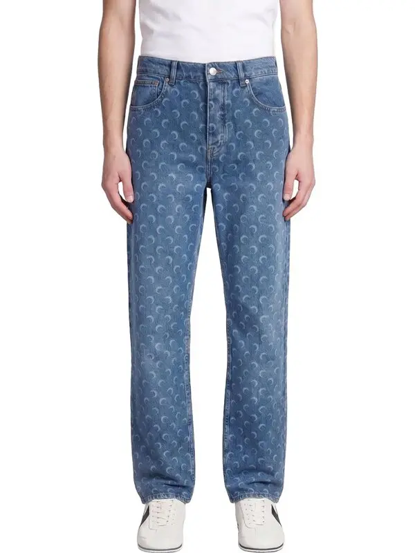 MARINE SERRE Monogram Print Denim Straight Leg Jeans - Gnawed Blue