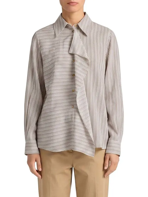 Momoni Striped Viscose Silk Blend Shirt With Ruffle Detail - Cream