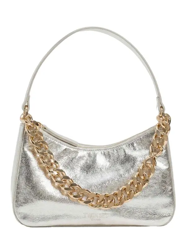 TWINSET Liliane Medium Laminated Leather Shoulder Bag - Silver