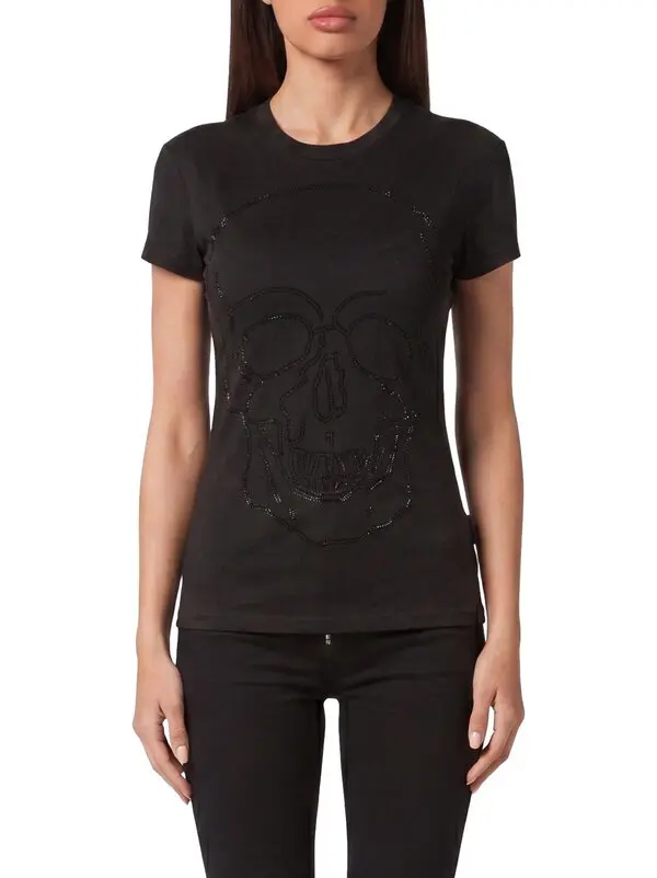 Philipp Plein Slim Fit Cotton T-shirt With Skull Print And Rhinestones - Black
