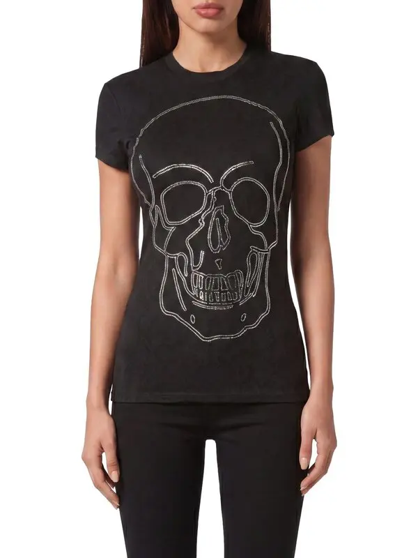 Philipp Plein Slim Fit Cotton T-shirt With Skull Print And Rhinestones - White 1