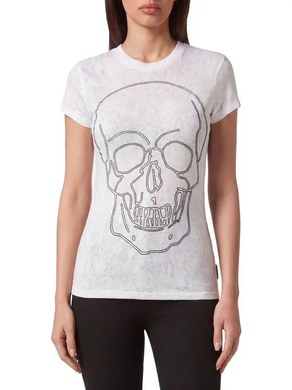 Philipp Plein Slim Fit Cotton T-shirt With Skull Print And Rhinestones - White