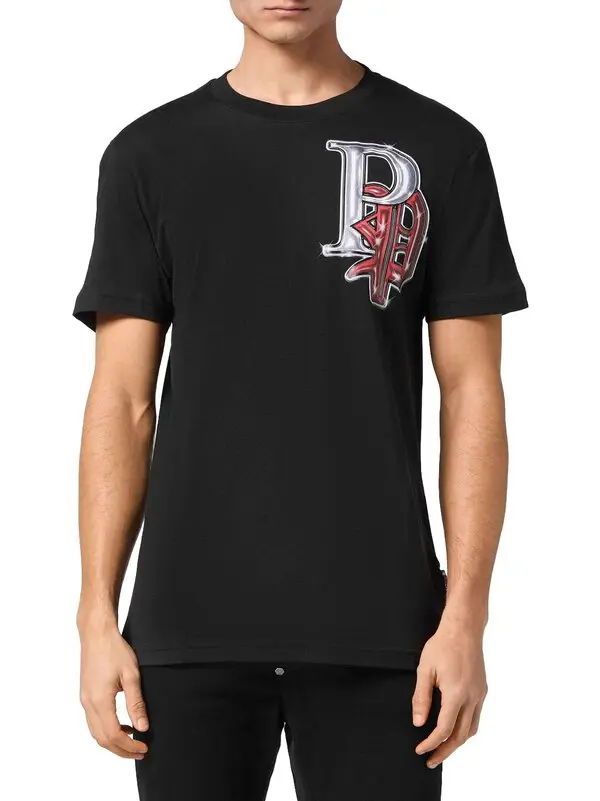 Philipp Plein Cotton T-shirt With Graphic Print And Contrast Back Logo - Black
