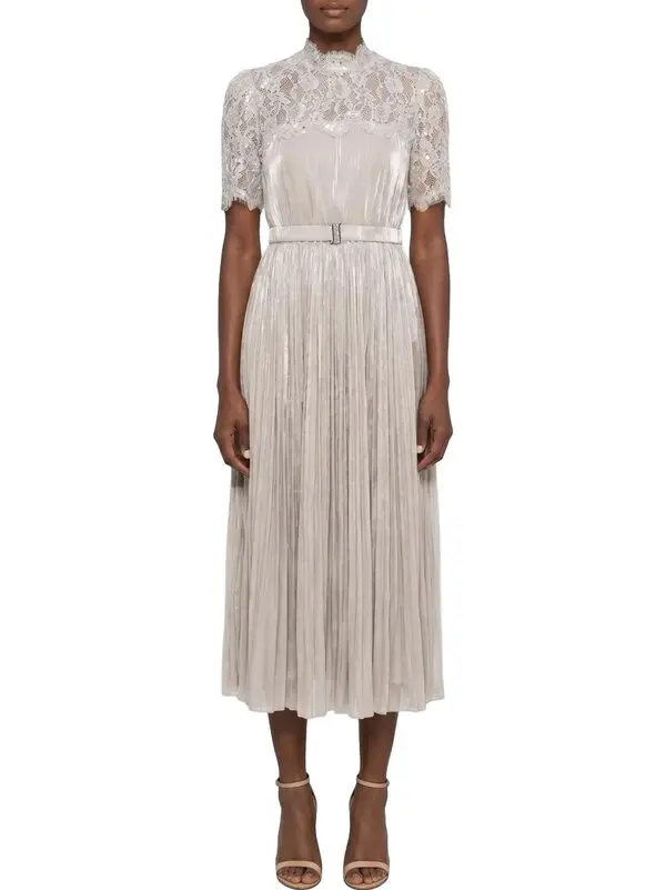 NISSA Pleated Jersey Midi Dress - Beige