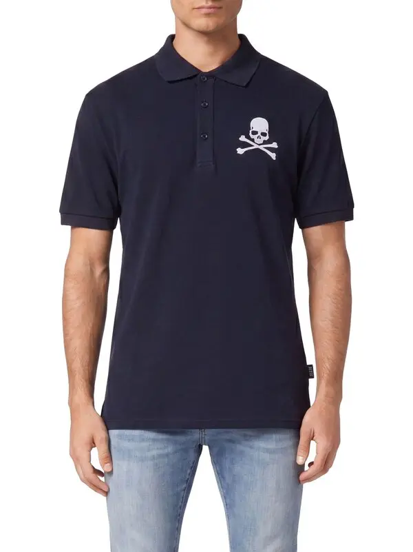 Philipp Plein Skull Print Short-sleeved Cotton Polo Shirt With French Collar - Blue