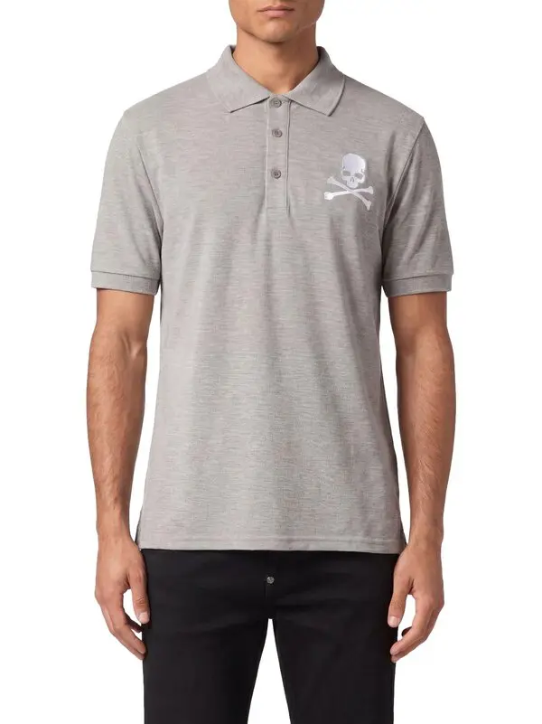 Philipp Plein Skull Print Short-sleeved Cotton Polo Shirt With French Collar - Grey