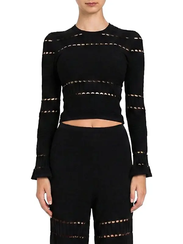TWINSET Long Sleeve Cotton Blend Top With Openwork Detail - Black