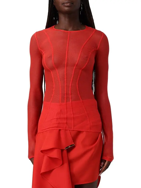 Elisabetta Franchi Sheer Tulle Long Sleeve Top - Red
