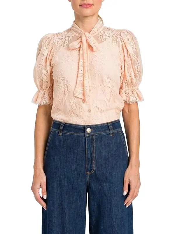 TWINSET Lace Pussy Bow Shirt With Puff Sleeves - Peach
