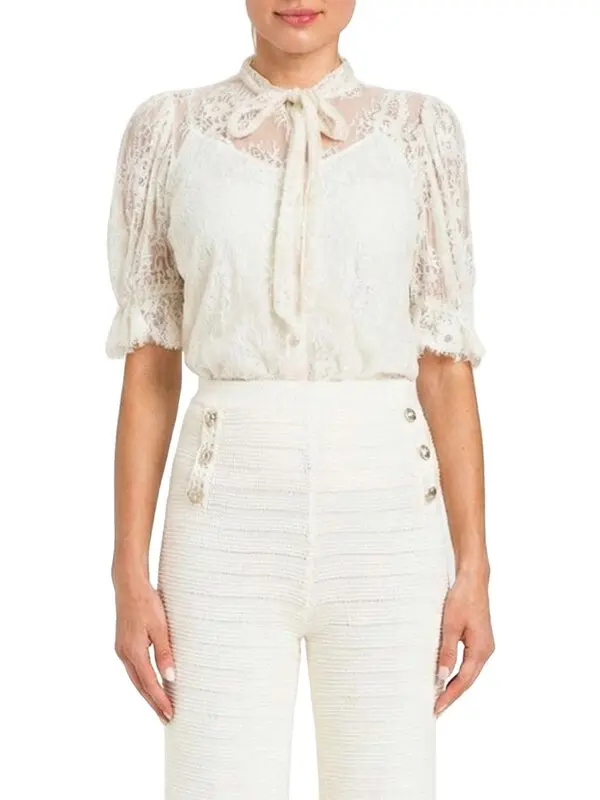 TWINSET Lace Pussybow Shirt With Puff Sleeves - Pearl
