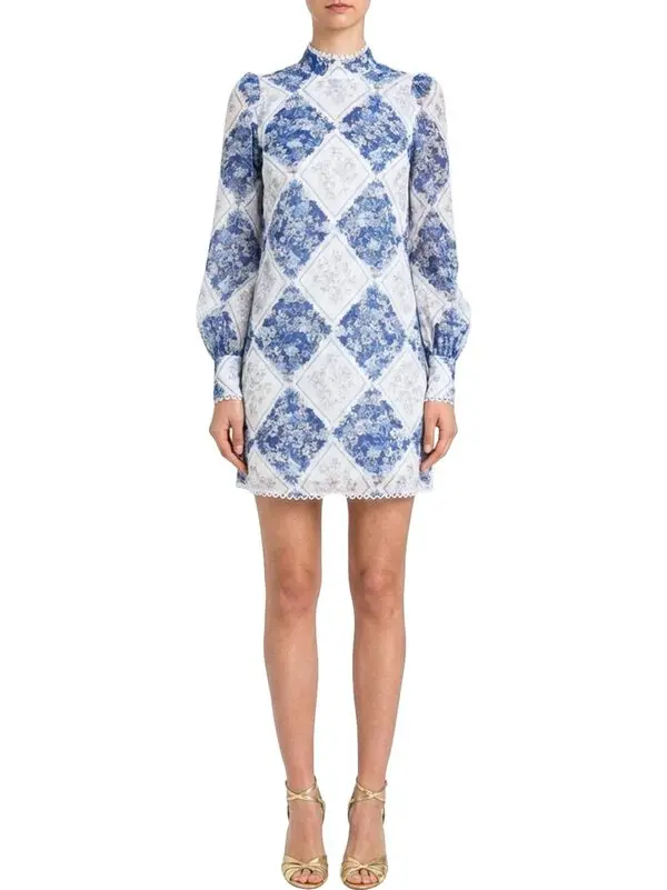 TWINSET Floral Print High Neck Mini Dress - Blue